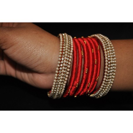Silk thread artificial stone with pearl Bangles (8 pieces)